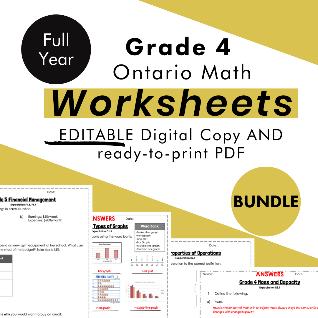 Grade 4 Ontario Math Curriculum | FULL-YEAR Worksheet Bundle | All Exp ...
