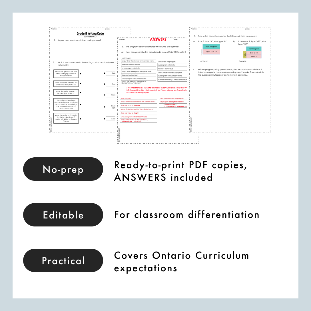 Grade 8 Ontario Math - FREE Coding Worksheets PDF + Editable Google Sl ...