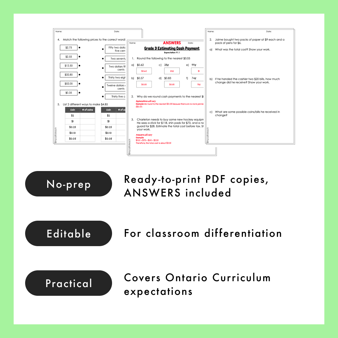 Grade 3 Ontario Math - Financial Literacy Worksheets PDF+Editable Goog ...