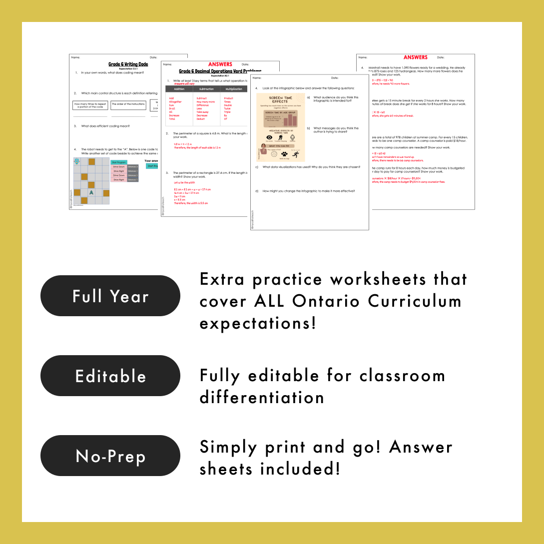 Grade 6 Ontario Math Curriculum | FULL-YEAR Worksheet Bundle | All Exp ...