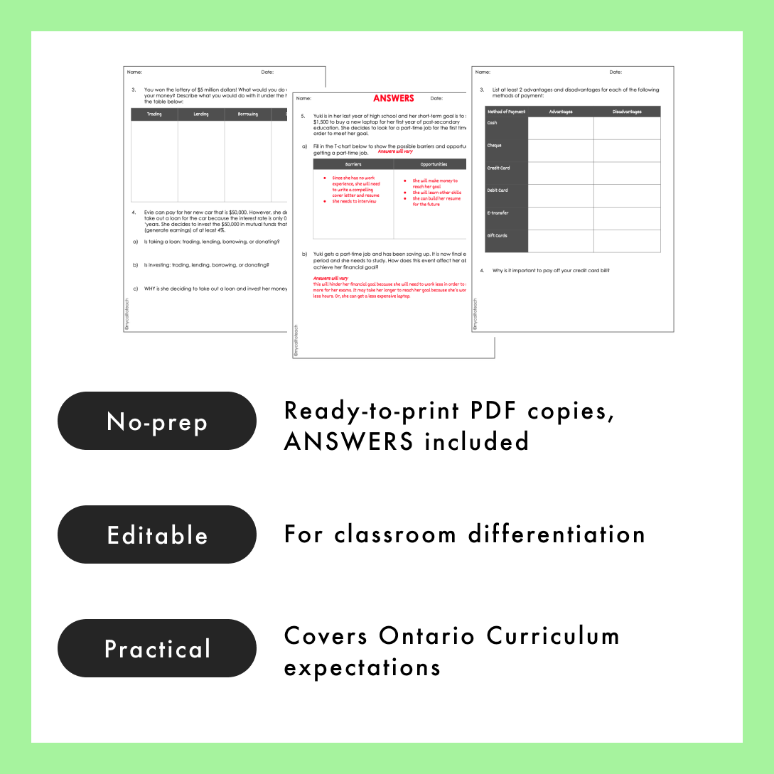 Grade 6 Ontario Math Worksheets | Financial Literacy | PDF and Google ...