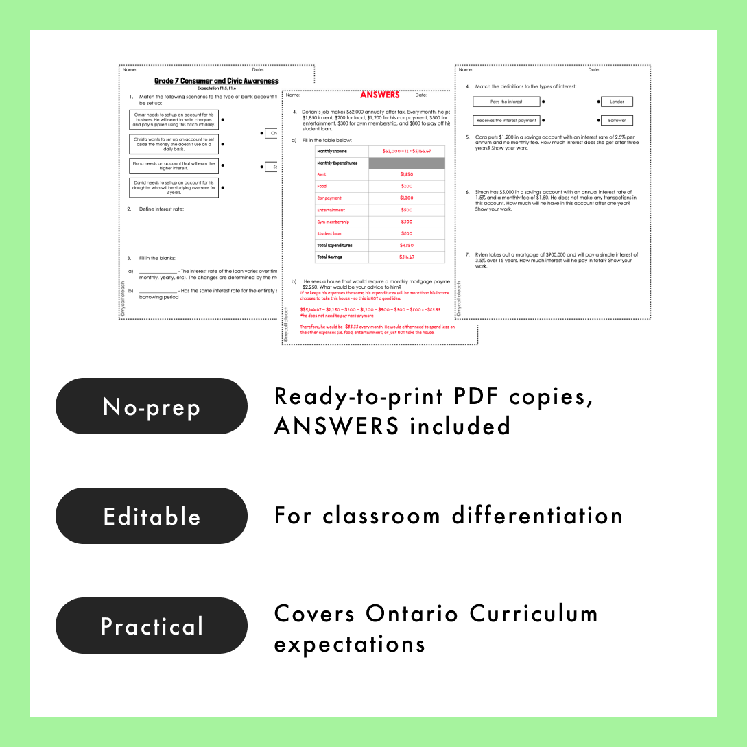 Grade 7 Ontario Math Worksheets | Financial Literacy | PDF and Google ...
