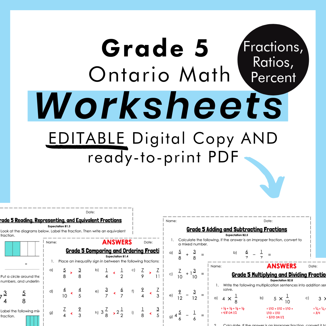 Grade 5 Ontario Math Worksheets | Fractions, Rates, Percent | PDF and ...