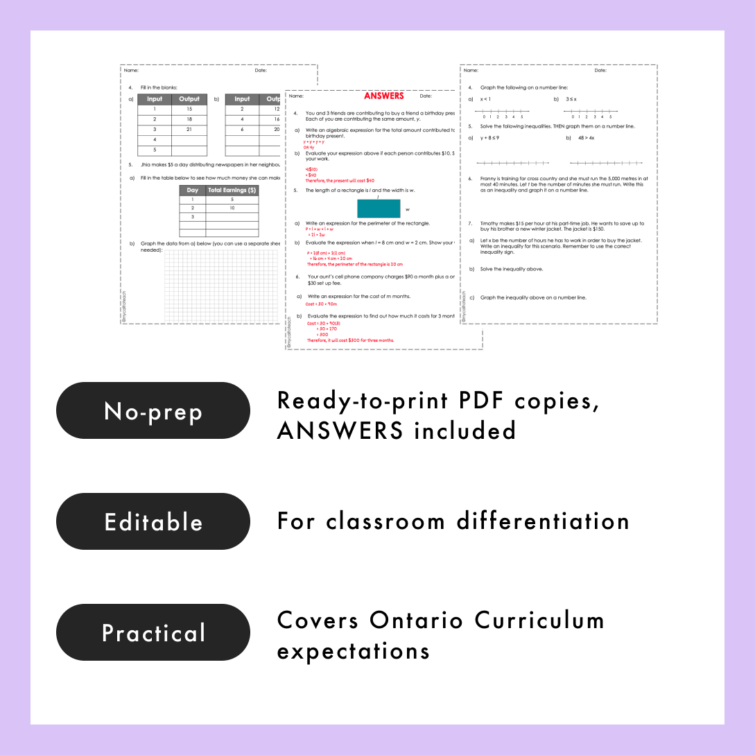 Grade 5 Ontario Math Patterns & Equations PDF & Editable Worksheets ...
