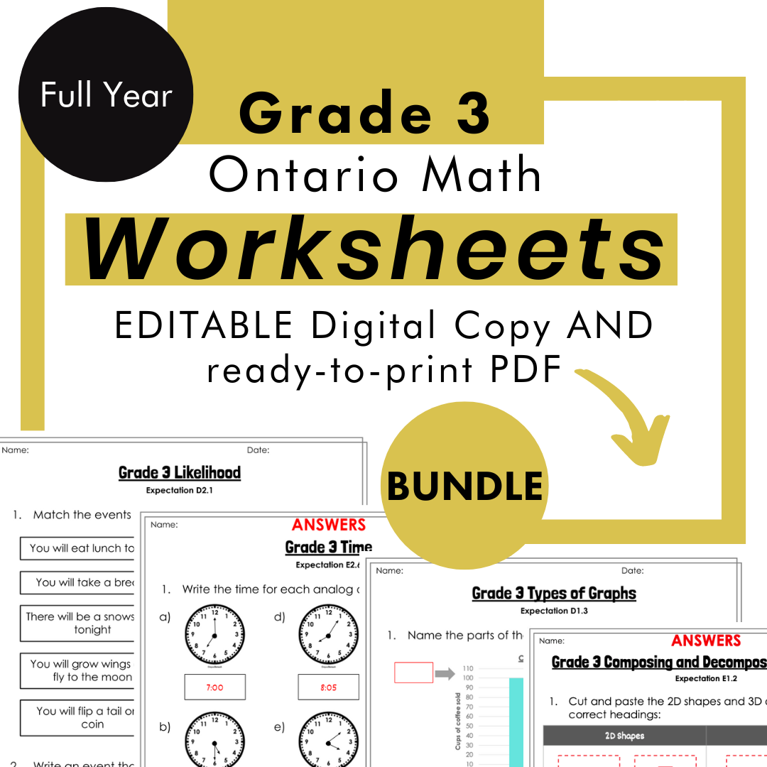 Grade 3 Ontario Math Curriculum | FULL-YEAR Worksheet Bundle | All Exp ...