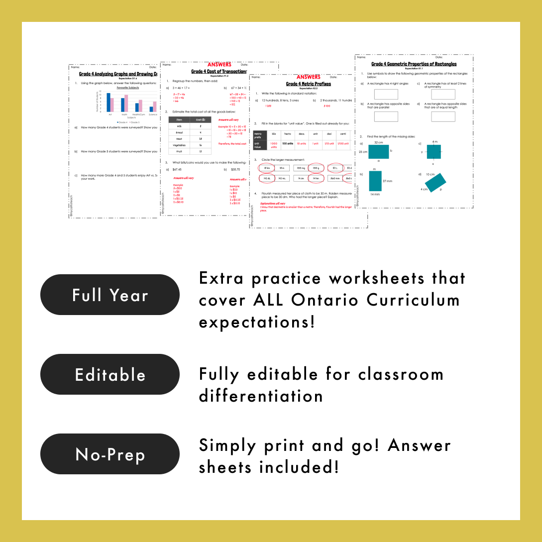 Grade 4 Ontario Math Curriculum FULL YEAR Worksheet Bundle (all expect ...