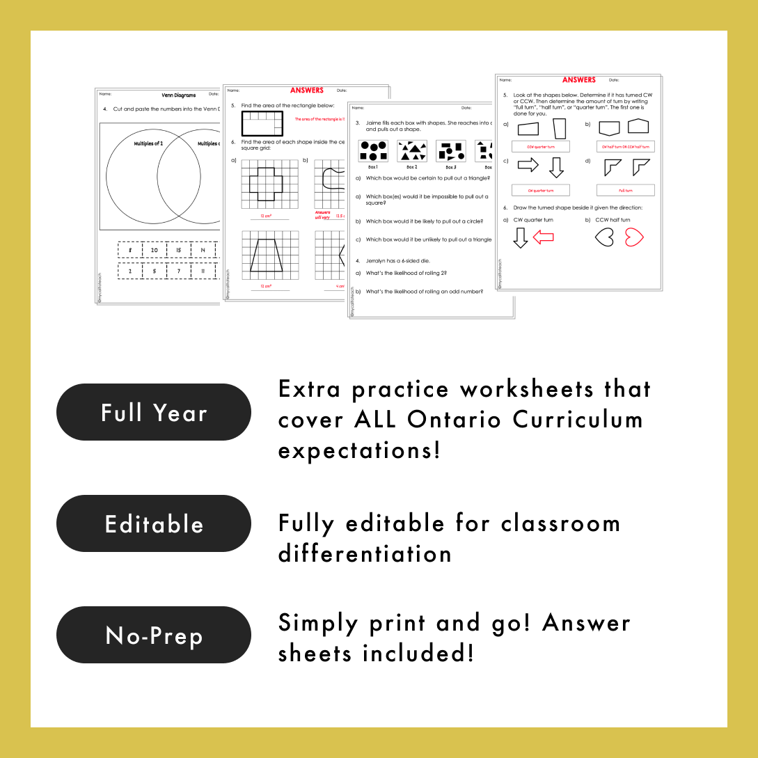 Grade 3 Ontario Math Curriculum | FULL-YEAR Worksheet Bundle | All Exp ...