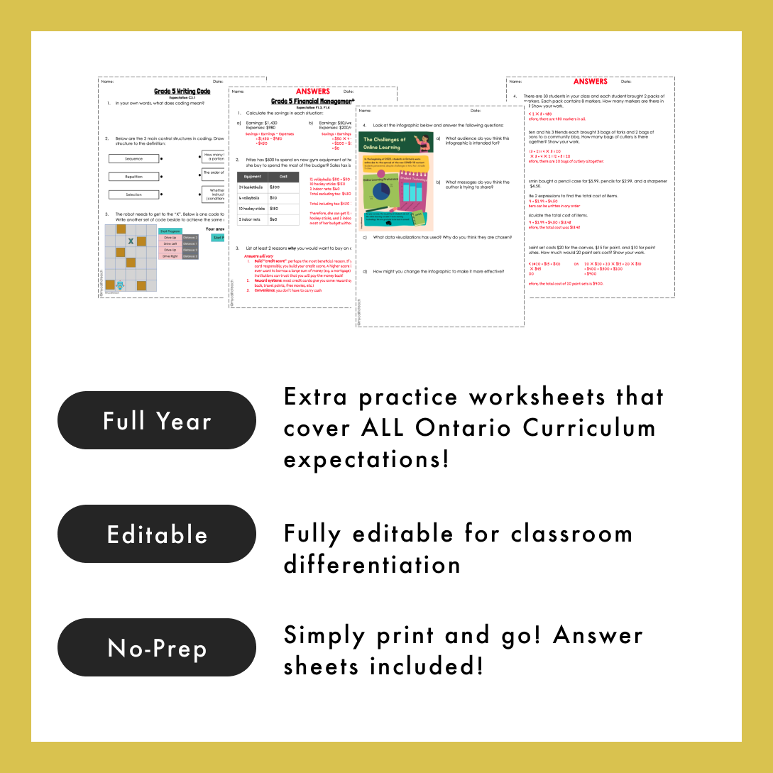 Grade 5 Ontario Math Curriculum FULL YEAR Worksheet Bundle (all expect ...