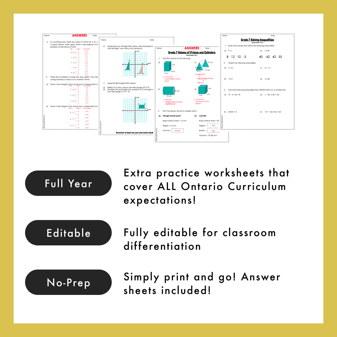 Grade 7 Ontario Math Curriculum | FULL-YEAR Worksheet Bundle | All Exp ...