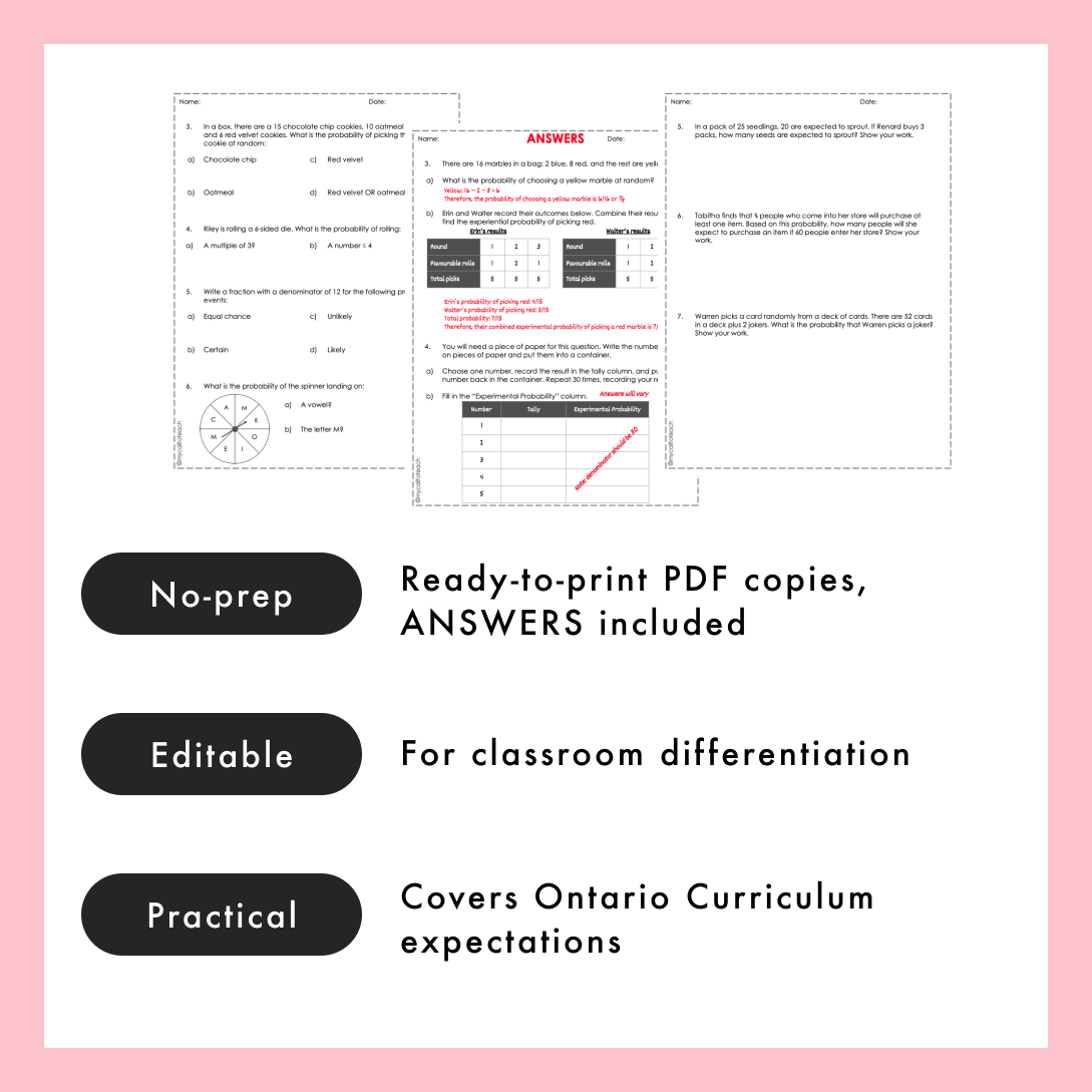 Grade 5 Ontario Math Worksheets | Probability | PDF and Google Slides ...